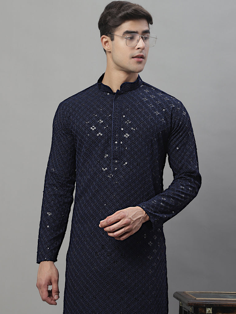 Men's Navy Blue Chikankari Embroidered and Sequence Kurtas – Jompers