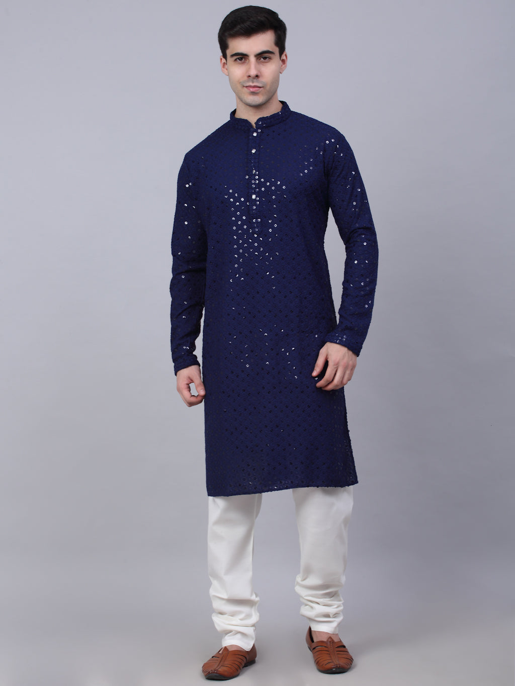 Men Navy Blue Chikankari Embroidered and Sequence Kurta with Churidar ...