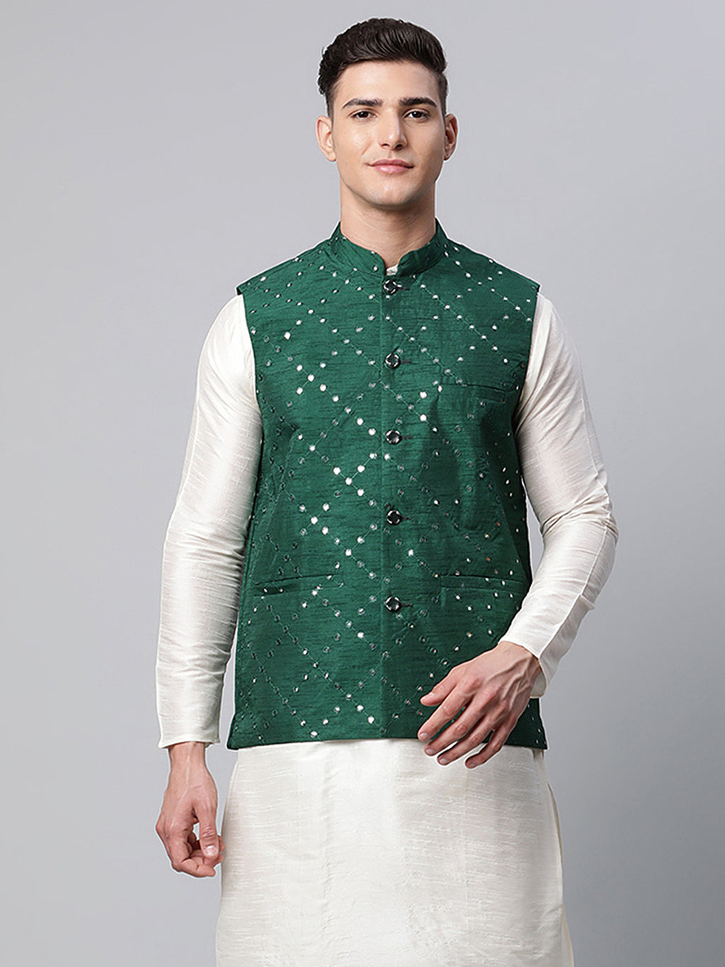 Men's Green Mirror Work Embroidered Waistcoat – Jompers